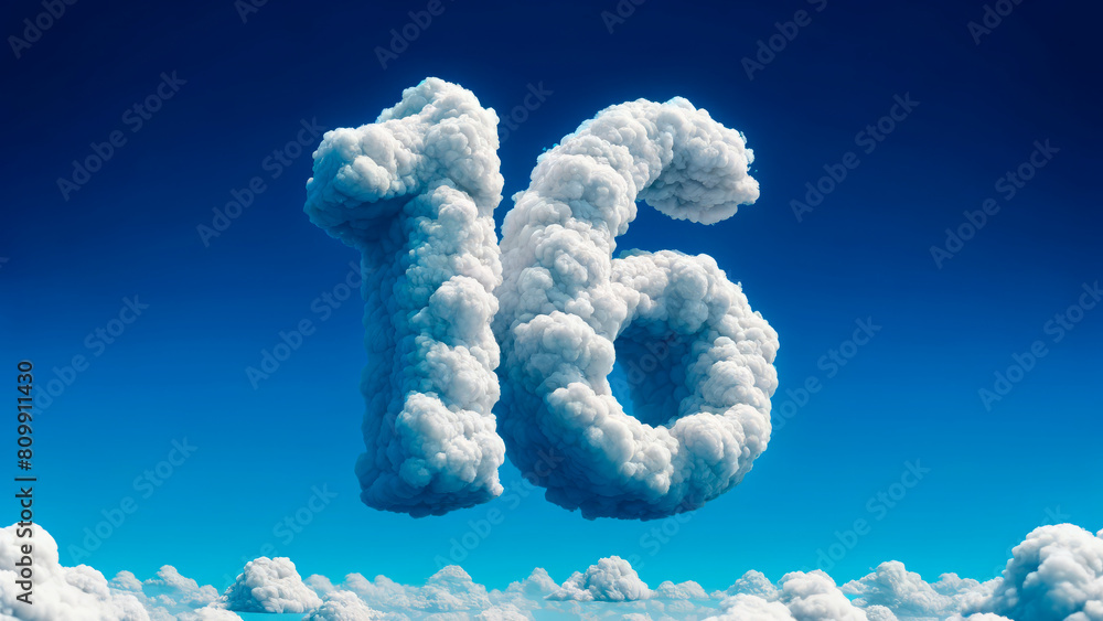 Fluffy white cloud formations depict the number '16' against a clear ...