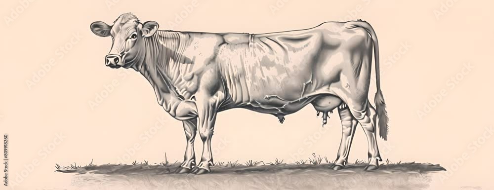 Dairy cow standing in full length, side view in sketch style. Hand ...