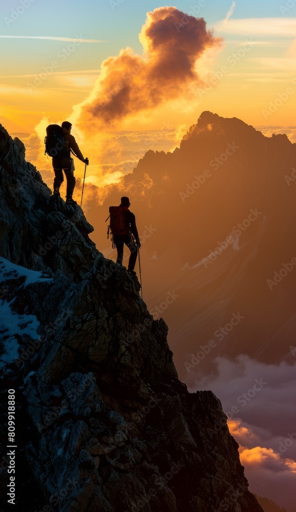 Two climbers on the summit of a mountain. The sun is setting behind ...