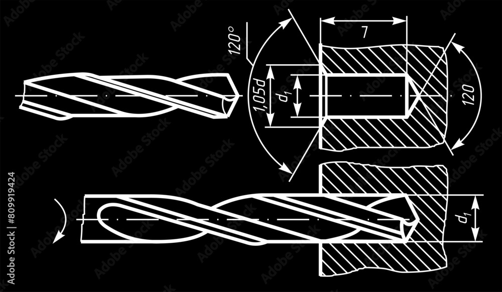 Vector engineering cad drawing of a mechanical part (steel drill bit ...