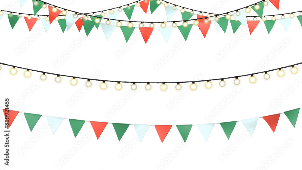 Christmas party decoration triangle party flags and stings of light ...