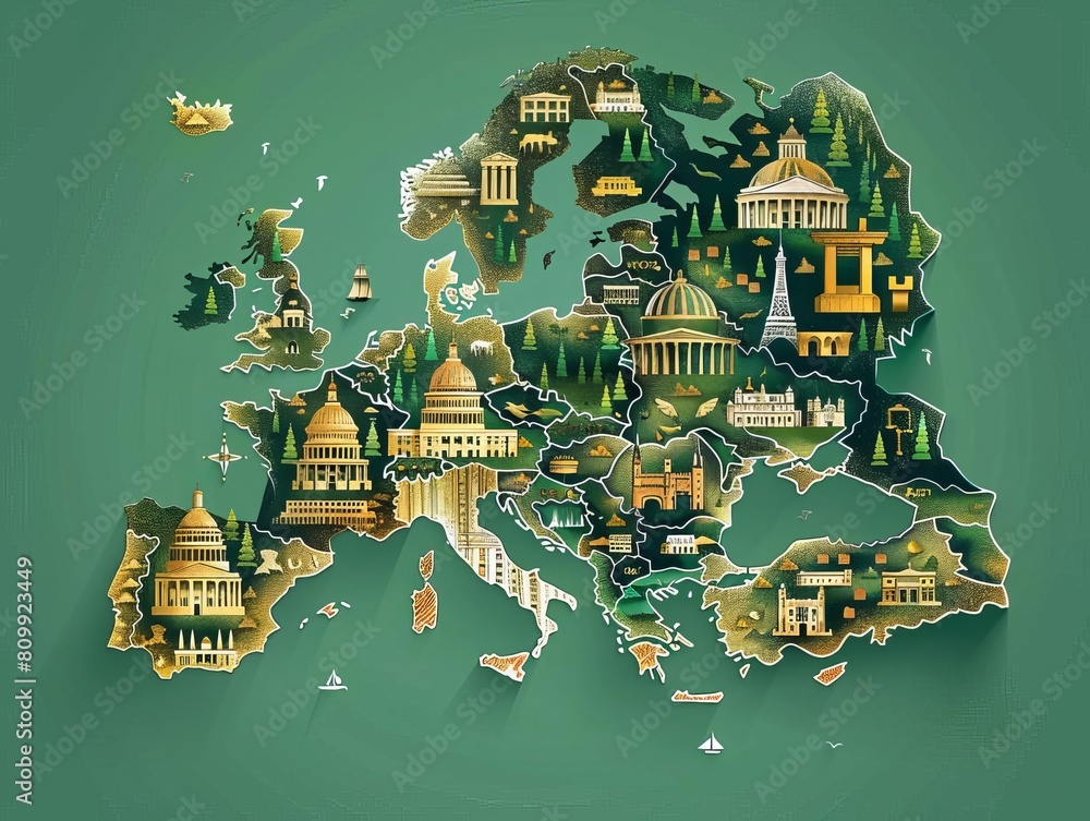 A map of Europe. The countries are represented by their most famous ...