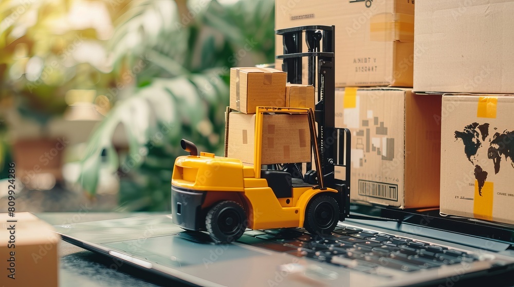 Logistics and supply chain concept depicted with a forklift moving a ...