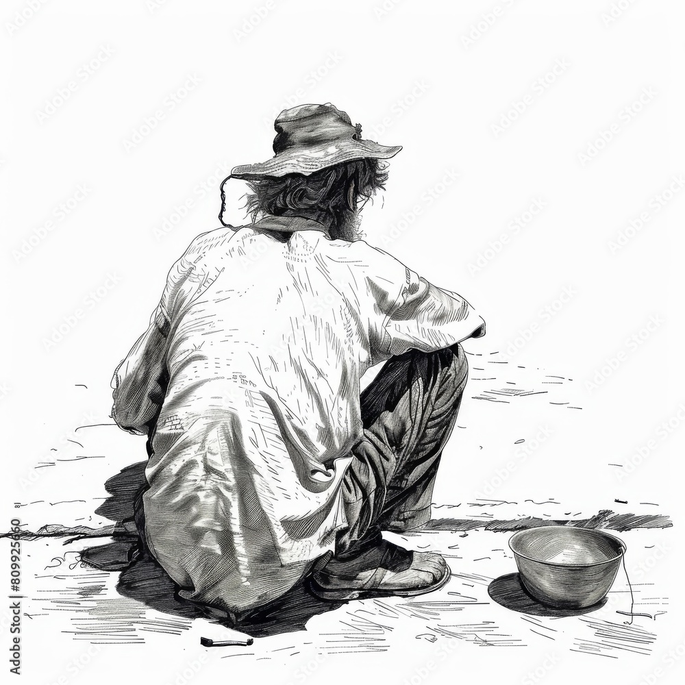 Beggar drawing, homeless sketch, old is begging with hat on ground back ...