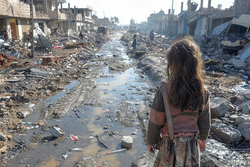 A young child stands, back facing us, looking over a devastated ...