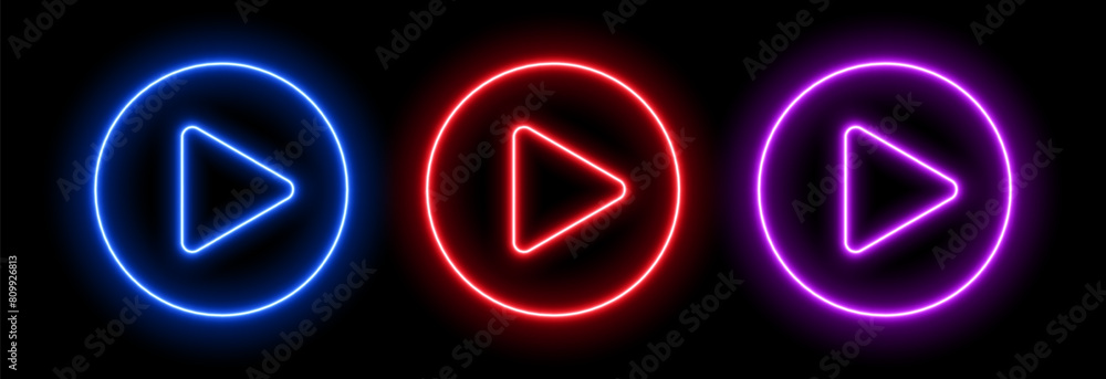 Neon play button. Glow game music icon. Laser triangle in a circle. For banner design in TV ...