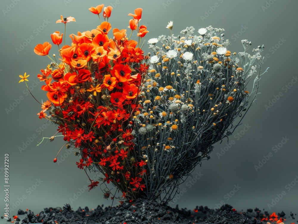 A heart, half red soil full of flowers, half black soil, withered ...