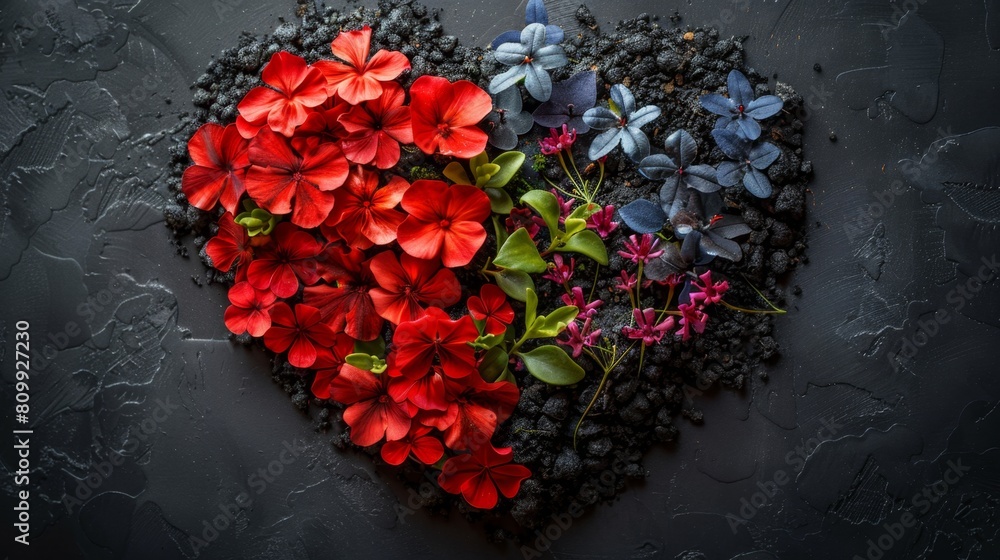 A heart, half red soil full of flowers, half black soil, withered ...
