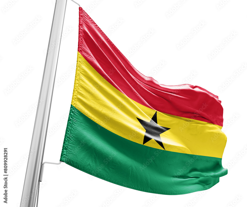 Ghana waving flag with mast on white background with cutout path. Stock ...