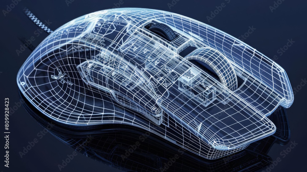 Complex wireframe of a gaming mouse, focusing on button configuration ...