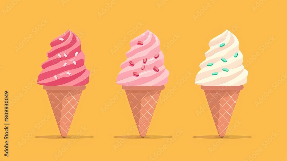 Three ice cream cones in a row. The left cone has strawberry-flavored ...