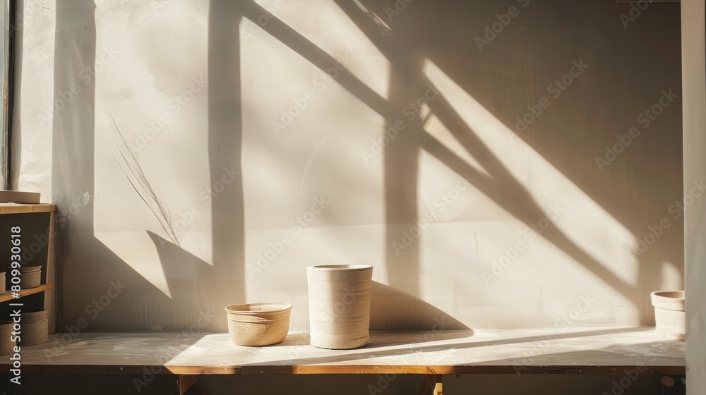 Pots under sharp sunlit shadows in a pottery workshop, useful for ...