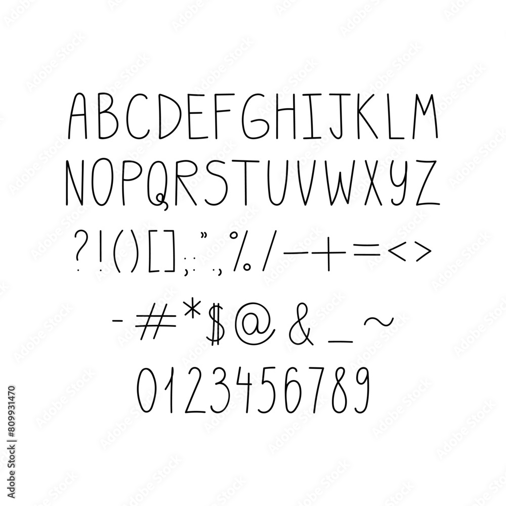 Hand drawn vector uppercase letters with numbers and punctuation marks ...