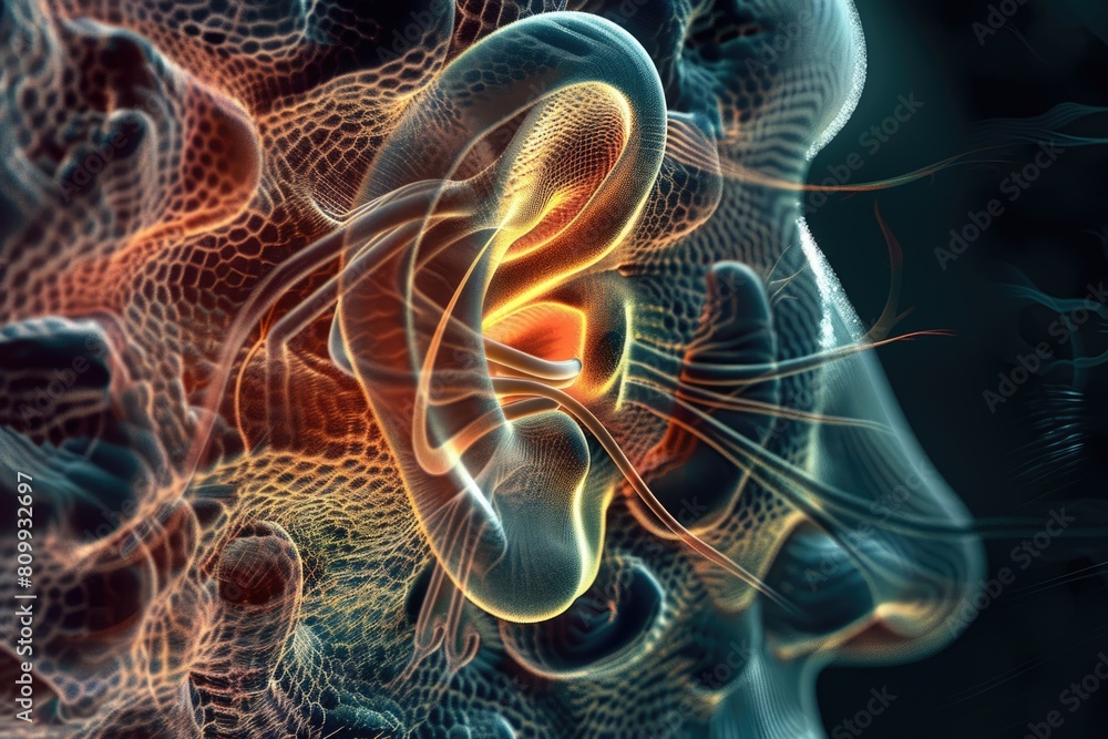 3D illustration of the auditory pathway and ear anatomy, highlighted ...