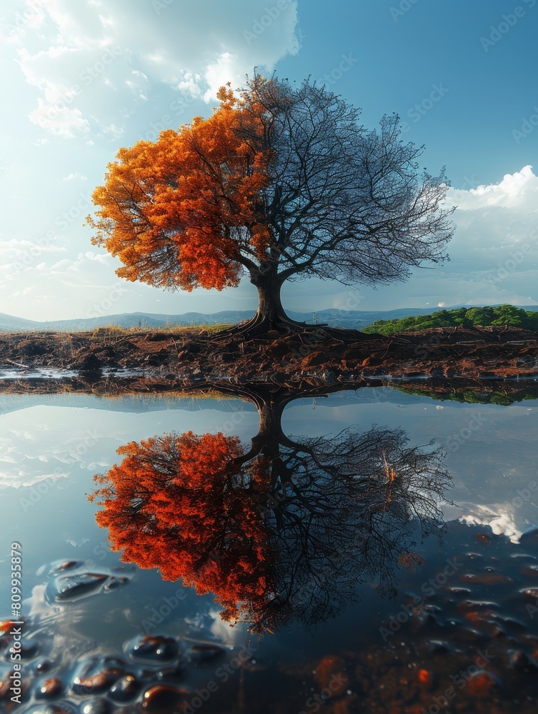 The two different states of a lonely tree reflect the various aspects ...