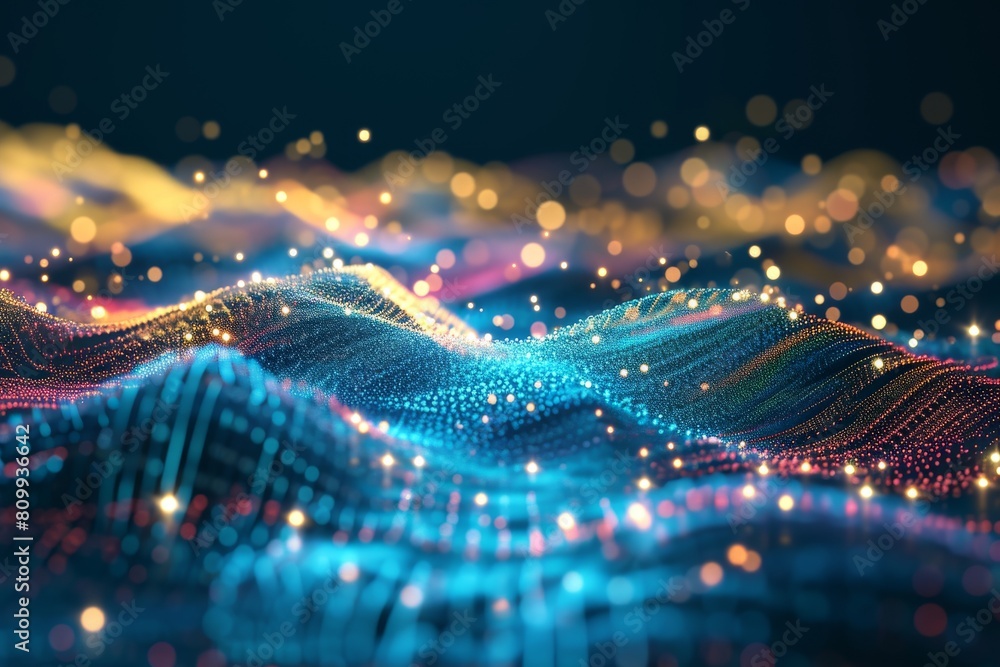 Digital particles wave and light abstract background with shining dots ...