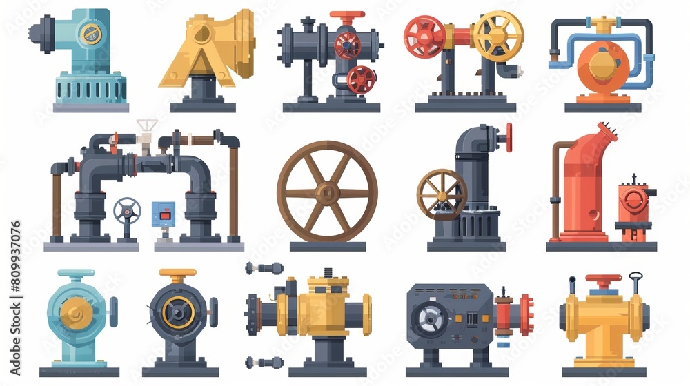 Icon set of various types of water pumps, including centrifugal, rotary ...