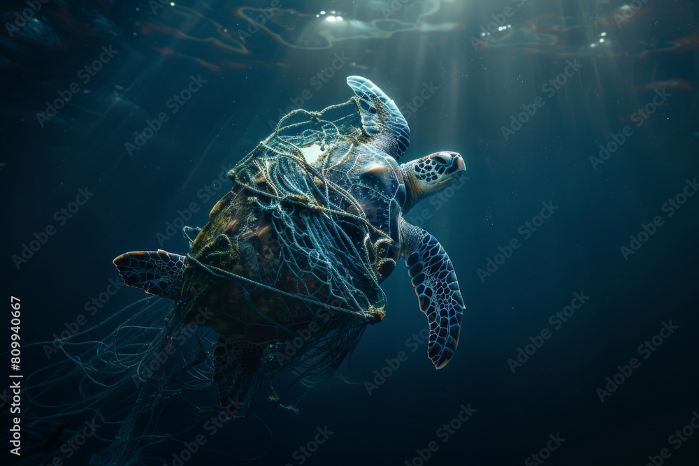 Helpless sea turtle caught in a discarded fishing net, illustrating the ...