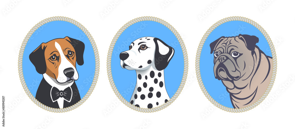 Vector set of oval stickers with portraits of cartoon dogs. Beagle ...