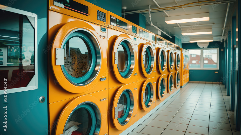 Sleek Laundromat Interior with Modern Orange Machines Stock Photo ...