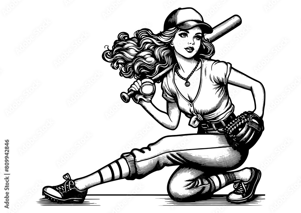 pin-up girl in a dynamic pose, swinging a baseball bat at an incoming ...