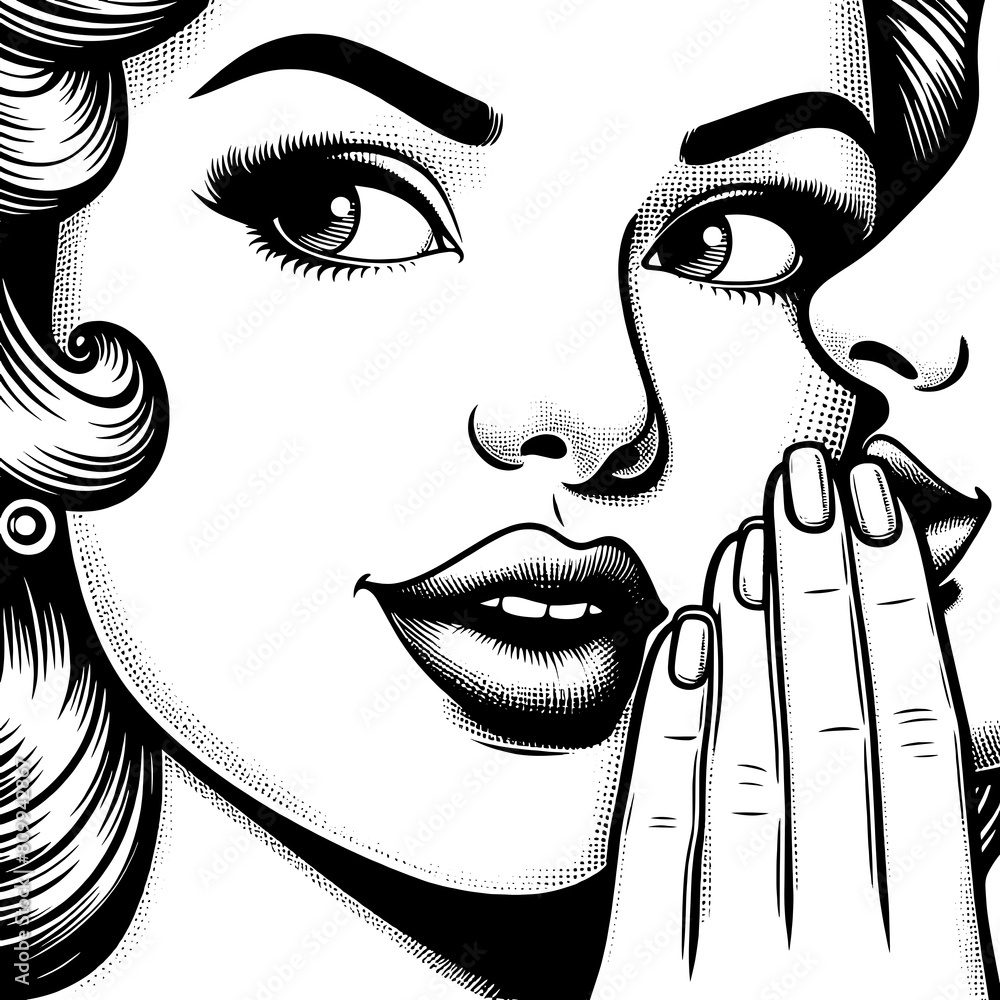 pin-up girls, one whispering a secret into the other ear, with ...