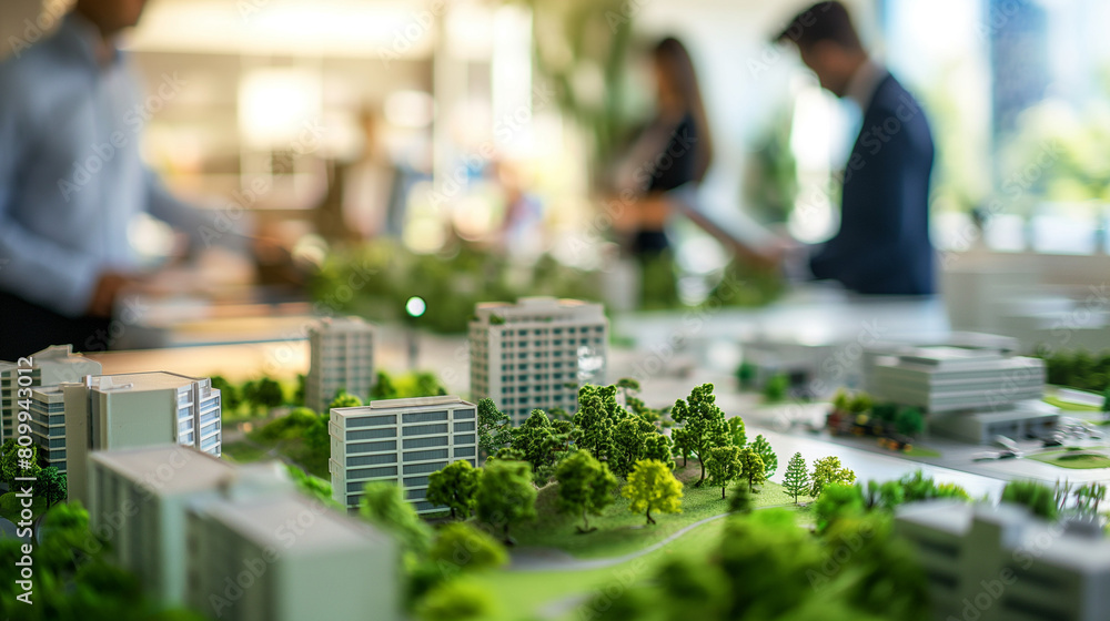Scale model for modern, new green city buildings in blurred background ...