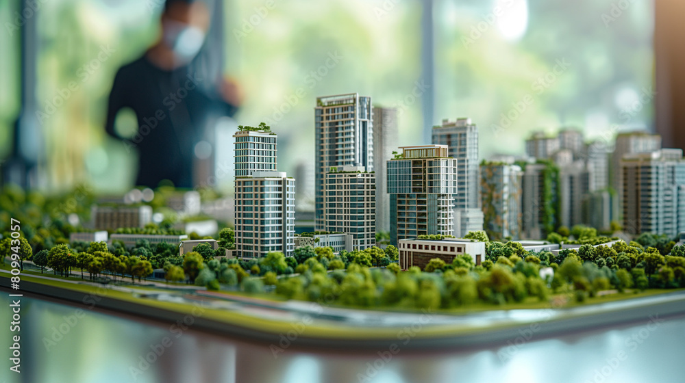Scale model for modern, new green city buildings in blurred background ...