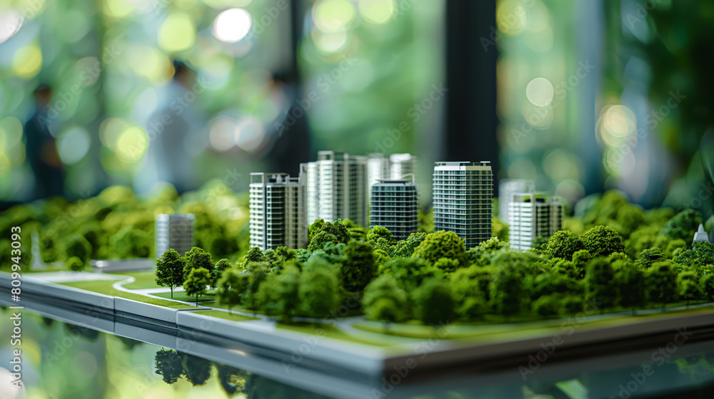 Scale model for modern, new green city buildings in blured background ...