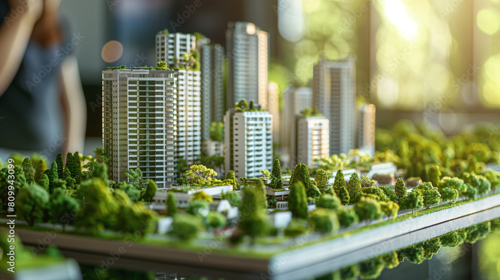 Scale model for modern, new green city buildings in blurred background ...