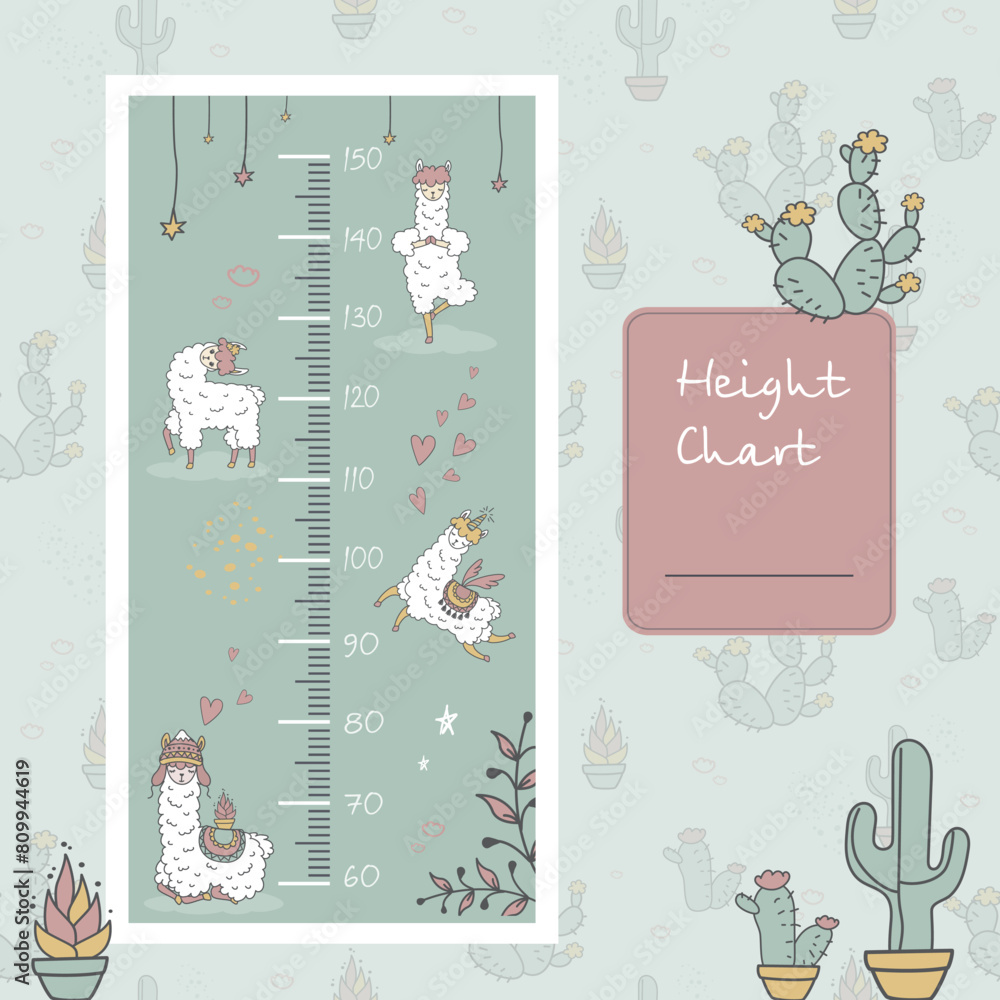 Height chart with cute llamas for nursery. Funny alpaca animal kids ...