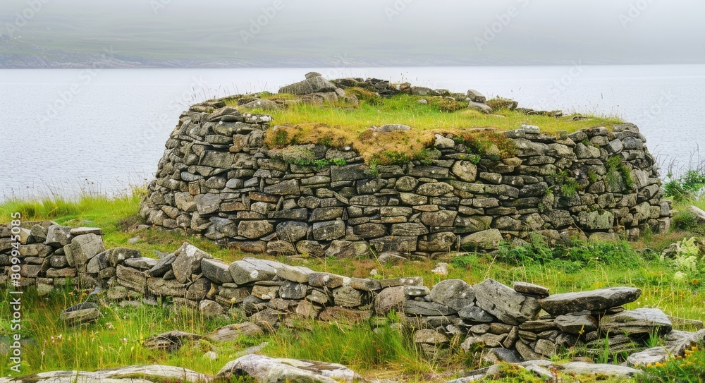 Iron Age Broch Settlement: Ancient Stone Wall Symbolizing Prehistoric ...