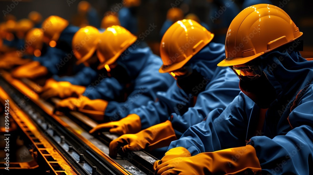 Workers laboring in a factory, their tired faces and repetitive tasks ...
