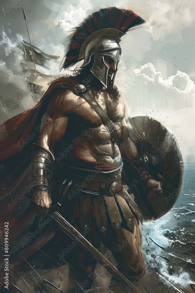 Greek Warrior. A Hero of Greek Mythology in Graphic Illustration Stock ...