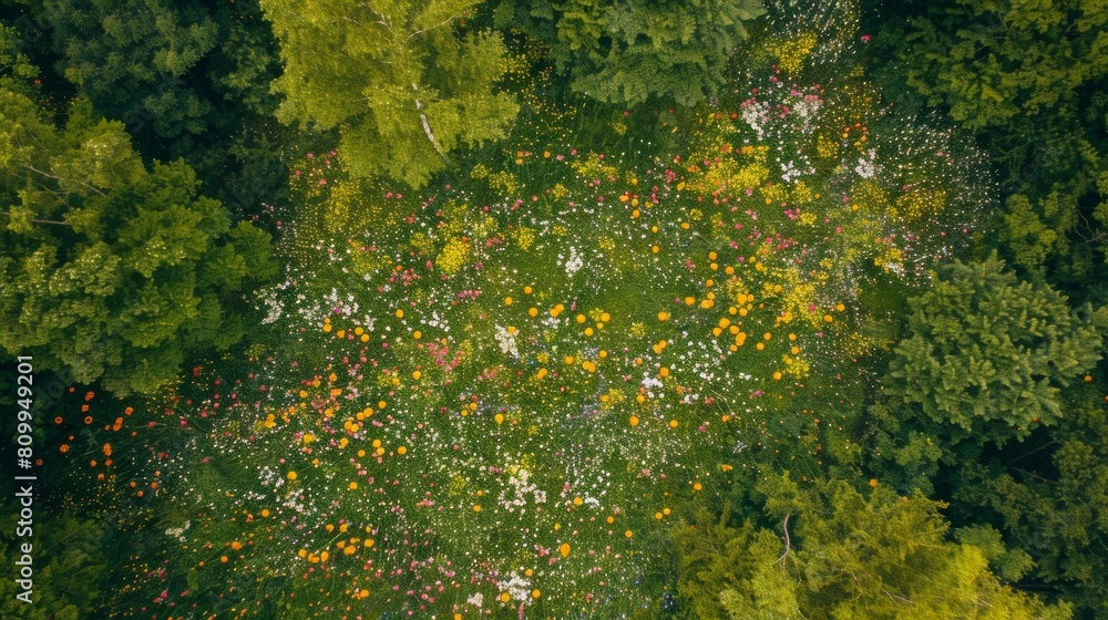 Aerial view of a vibrant wildflower field bordering a dense forest ...