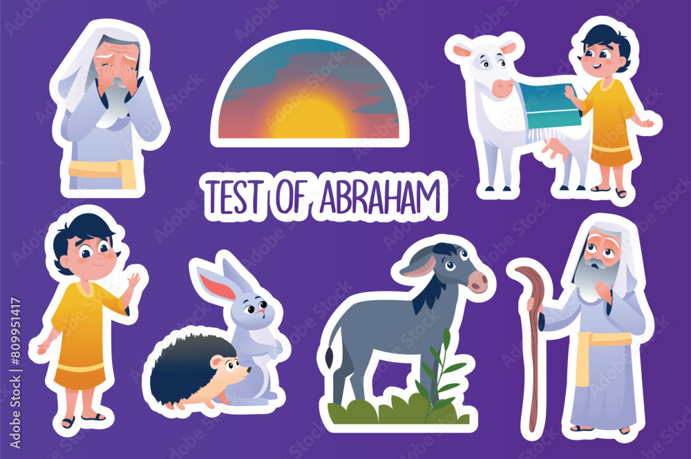 Set of stickers Test of Abraham in flat cartoon design. These beautiful ...