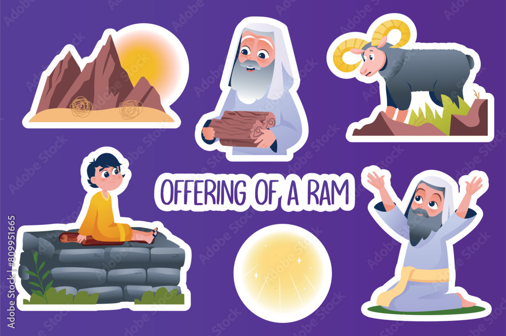 Set of stickers Offering of a ram in flat cartoon design. Abraham and ...