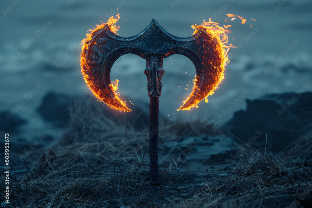 A double-headed axe visualized as twin flames, each blade glowing with ...