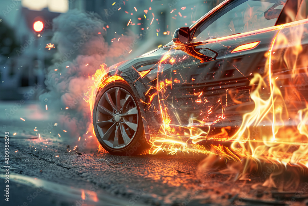 Electric Car Burned Lithium Battery Danger Fire Insurance Car Accident