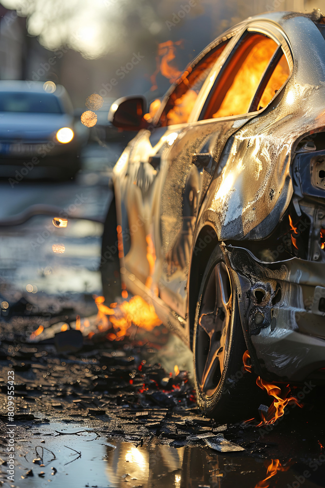 Electric car burned lithium battery danger fire insurance car accident ...