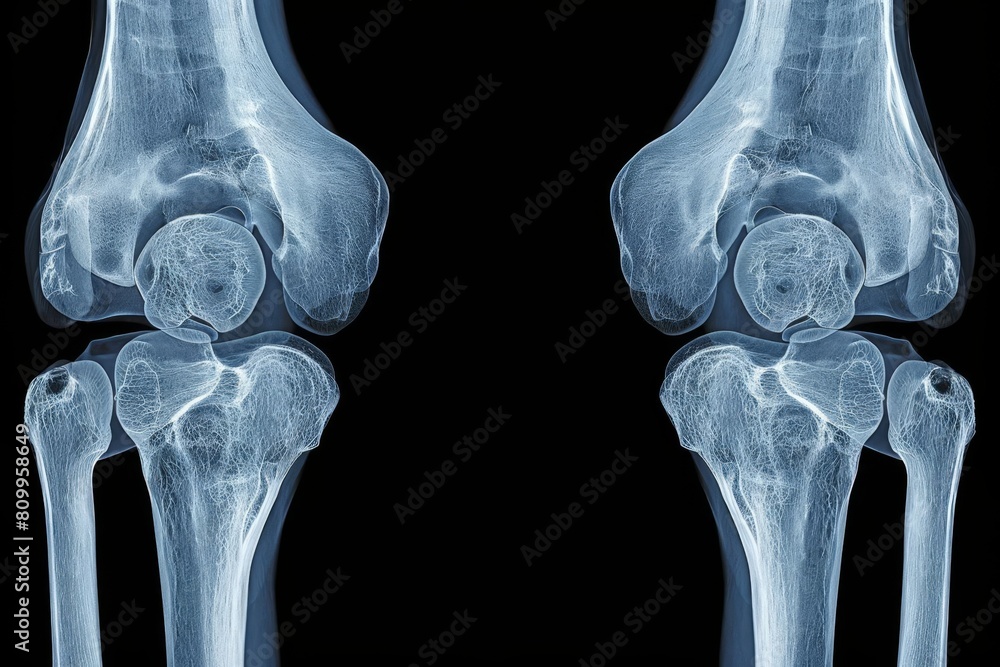 3D Xray colored visualization focusing on male knee and ankle bones ...