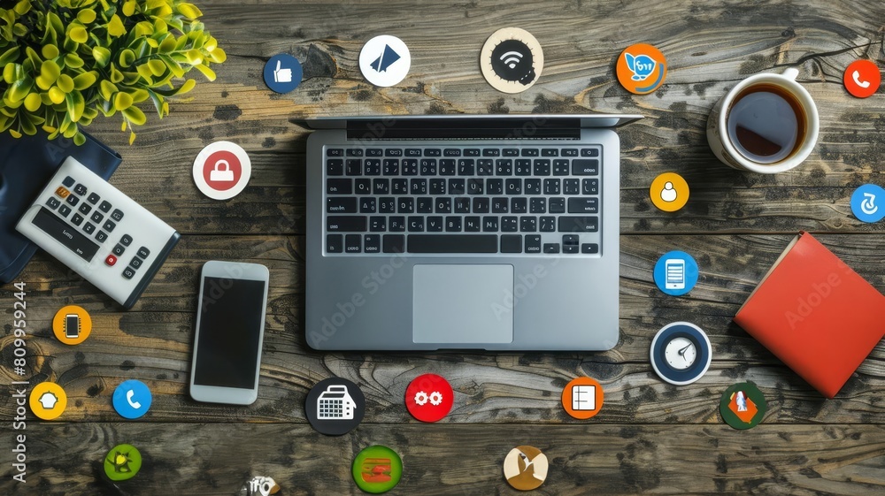 An illustration of a techsavvy workspace featuring floating digital ...