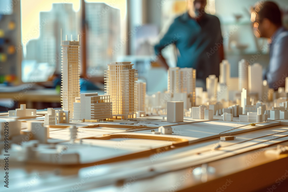 Complex scale city model on the table in project office. Real estate ...