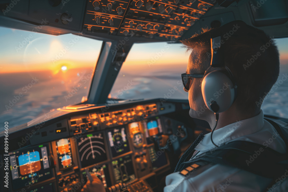 Pilot in cockpit of the modern passenger aircraft during flight Stock ...