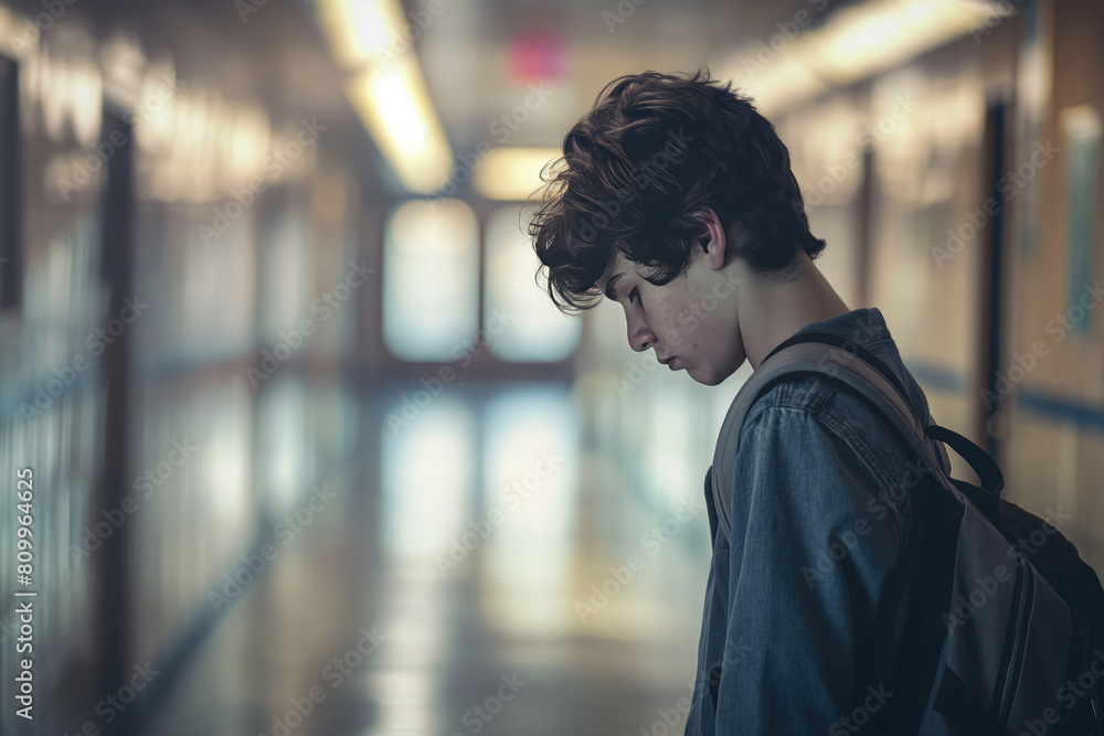 Sad, lonely and depressed teen age boy at school, frustrated after ...