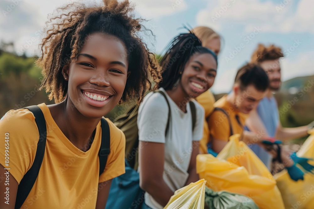 Diverse young people cleaning up garbage. Volunteers collecting the ...
