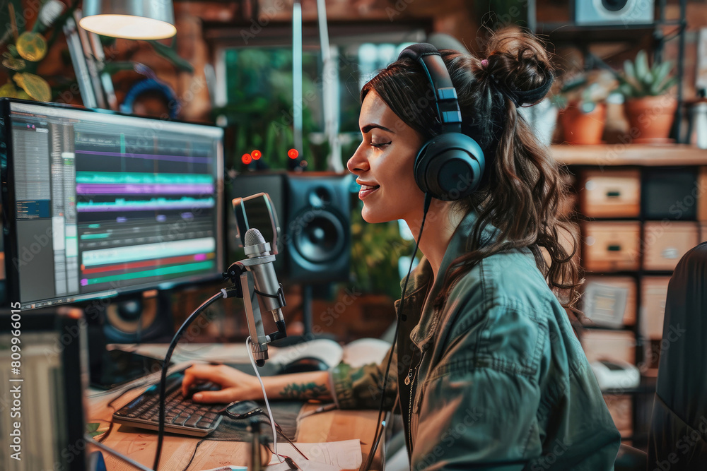 Beautiful female audio engineer working in music recording studio ...