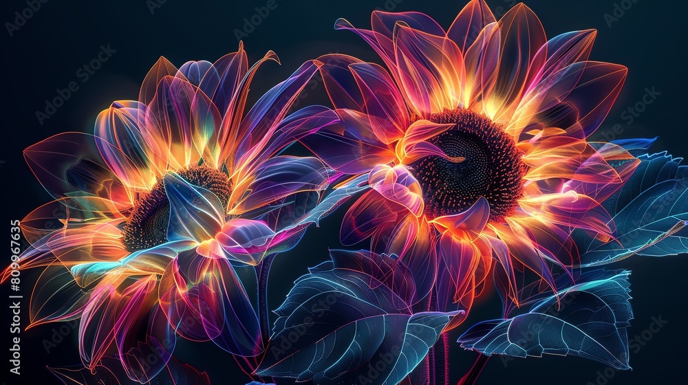 Artistic interpretation of an X-rayed sunflowers with vibrant neon ...