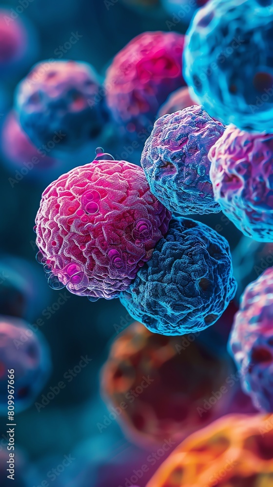 Closeup of various leukemia cells under a high magnification microscope ...