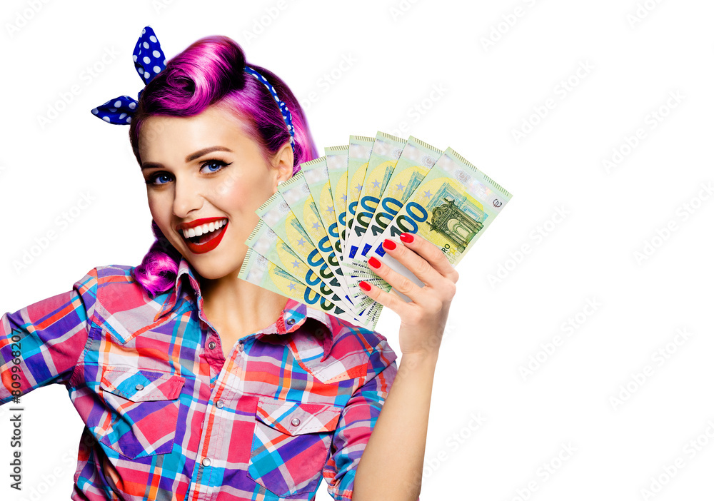 Image of happy smile woman hold show give money euro cash banknotes ...